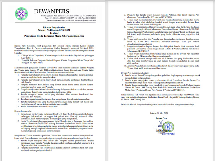 Hak Jawab Berita “Diduga Nikah Tanpa Izin, Wanita Pengusaha Rekanan Polri Dipolisikan” - PATROLIPOST